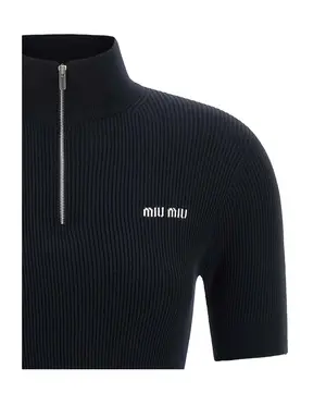 Miu Miu Ribbed-knit Logo Embroidered Mini Dress - Navy Blue
