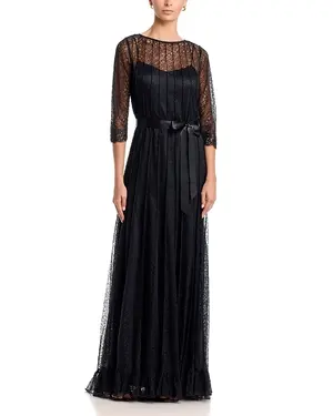 Rickie Freeman For Teri Jon Lace Pintuck Ruffle Hem Gown - Black