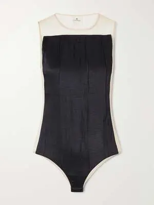 COURREGES Logo-appliqué Crinkled-satin And Organza Bodysuit - Black