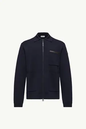 Moncler Leather Logo Wool Zip-up Cardigan