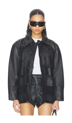 FOUND Hand Embroidered Leather Fringe Jacket - Black