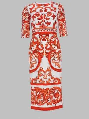 Dolce & Gabbana Abito In Charmeuse Stampa Maiolica - Orange