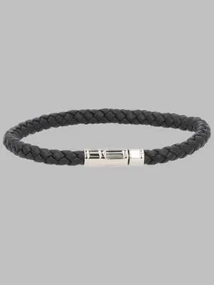 TOM FORD Braided Leather Bracelet With Silver Tone Clasp - Black