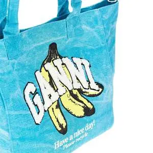 GANNI Cotton Canvas Shopping Bag With Banana Print - Blue