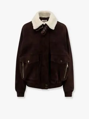 SEMICOUTURE Suede Jacket With Fur Collar - Brown