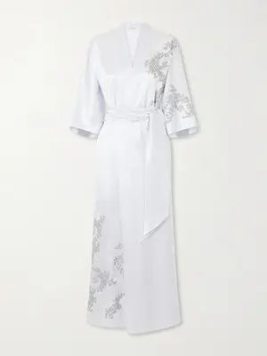 Carine Gilson Lace-appliqué Silk-satin Robe - Silver