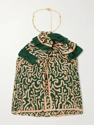 Johanna Ortiz Embellished Satin Jacquard Halter Top With Bow Detail - Green