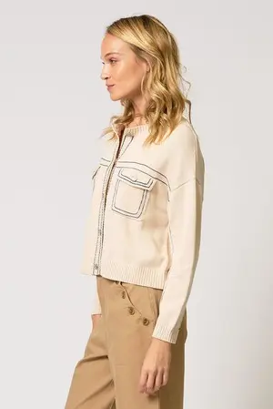 Central Park West Contrast Topstitch Boxy Sweater - Oat