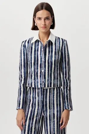 EXQUISE Achille Crew Neck Padded Shoulder Cropped Jacket