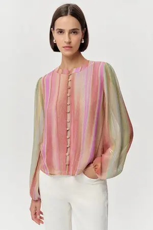 EXQUISE Armynel Round Neck Long Sleeve Striped Blouse - Multi Color