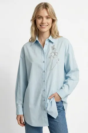 EXQUISE Bernetta Shirt Collar Long Sleeve Embroidered Shirt - Blue