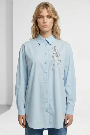 EXQUISE Bernetta Shirt Collar Long Sleeve Embroidered Shirt - Blue