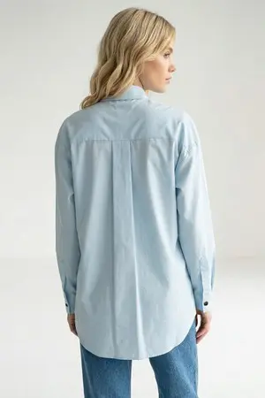 EXQUISE Bernetta Shirt Collar Long Sleeve Embroidered Shirt - Blue