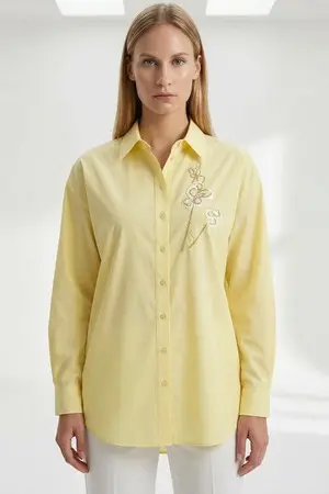 EXQUISE Bernetta Shirt Collar Long Sleeve Embroidered Shirt - Yellow