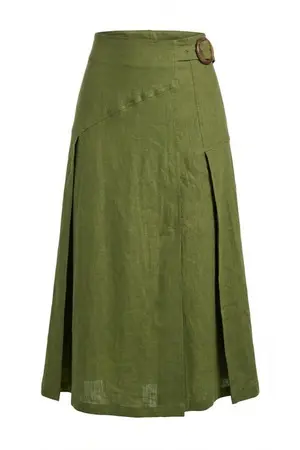 EXQUISE Burnice Buckle Detail Linen Midi Skirt