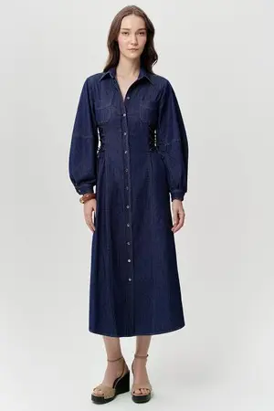 EXQUISE Arnaude Side Tie Long Sleeve Midi Dress - Blue