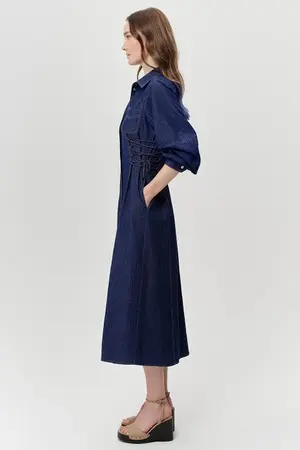 EXQUISE Arnaude Side Tie Long Sleeve Midi Dress