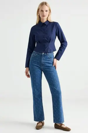 EXQUISE Lilyy High Waisted Wide Leg Denim Jeans - Navy