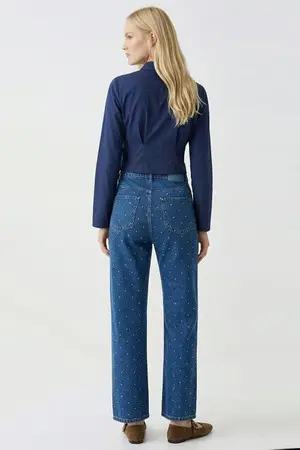 EXQUISE Lilyy High Waisted Wide Leg Embellished Denim Jeans - Navy