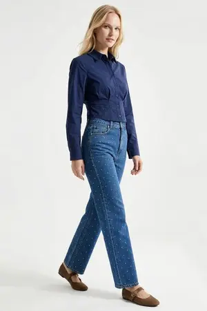 EXQUISE Lilyy High Waisted Wide Leg Embellished Denim Jeans - Navy