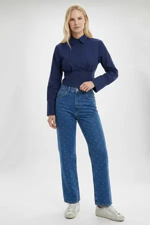 EXQUISE Lilyy High Waisted Wide Leg Embellished Denim Jeans - Navy