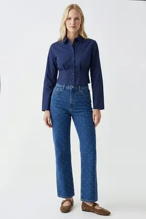 EXQUISE Lilyy High Waisted Wide Leg Embellished Denim Jeans - Navy