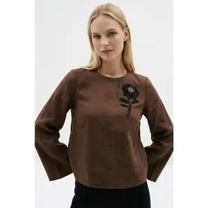 EXQUISE Fifine Long Sleeve Linen Blouse - Brown