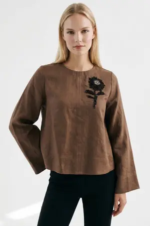 EXQUISE Fifine Long Sleeve Linen Blouse - Brown