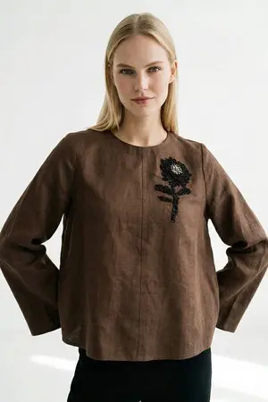 EXQUISE Fifine Long Sleeve Linen Blouse - Brown