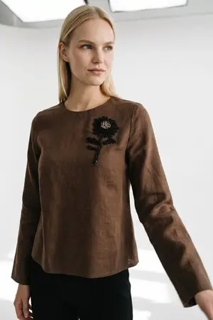 EXQUISE Fifine Long Sleeve Linen Blouse - Brown