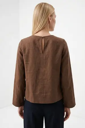 EXQUISE Fifine Long Sleeve Linen Blouse - Brown