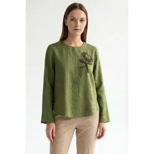 EXQUISE Fifine Long Sleeve Linen Blouse - Khaki