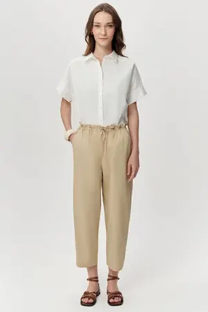 EXQUISE Amedee Drawstring Waist Woven Tapered Pants - Beige