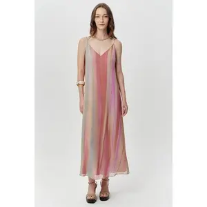 EXQUISE Layana V Neck Spaghetti Strap Striped Midi Dress - Multi Color