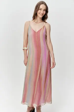 EXQUISE V-neck Spaghetti Strap Striped Midi Dress