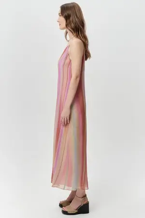 EXQUISE V-neck Spaghetti Strap Striped Midi Dress