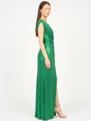 LARA NEW YORK V-neck Metallic Gown With Slit