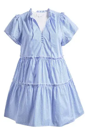 SUGARLIPS Tiered Stripe Cotton Dress With Split Neck And Puff Sleeves