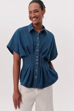 EXQUISE Marisa Collared Short Sleeve Denim Shirt