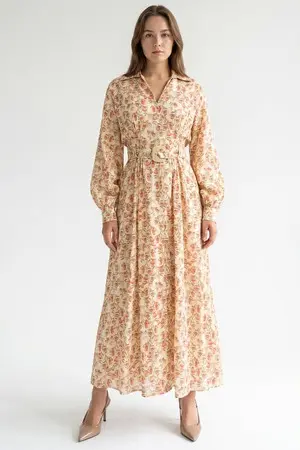 EXQUISE Belted Maxi Dress With Long Sleeves