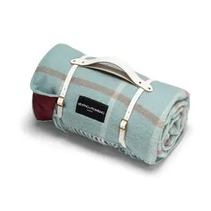 HEATING & PLUMBING LONDON Blue / White Duck Egg Checked Pure New Wool Picnic Blanket With Short White Strap - Blue/white