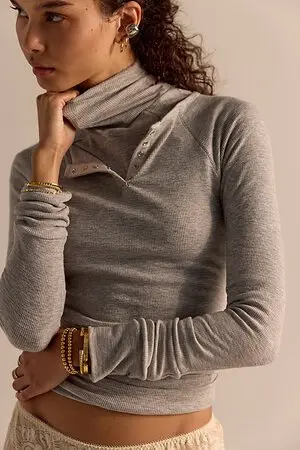 Free People Ribbed Henley Long Sleeve Top - Medium Heather Grey