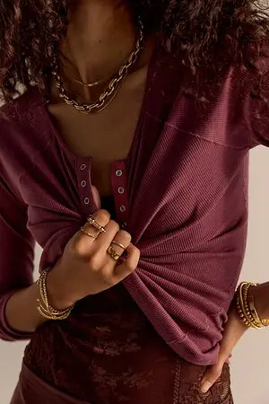 Free People Ribbed Henley Long Sleeve Top - Plum Shadow