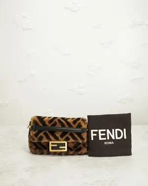 FWRD RENEW Fendi Shearling Vitello Dolce Macro Ff 1974 Mini Baguette Shoulder Bag - Brown