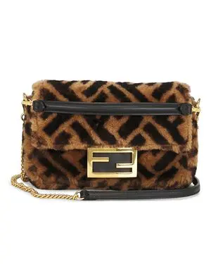 FWRD RENEW Fendi Shearling Vitello Dolce Macro Ff 1974 Mini Baguette Shoulder Bag