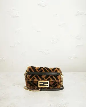 FWRD RENEW Fendi Shearling Vitello Dolce Macro Ff 1974 Mini Baguette Shoulder Bag