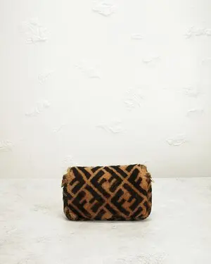 FWRD RENEW Fendi Shearling Vitello Dolce Macro Ff 1974 Mini Baguette Shoulder Bag