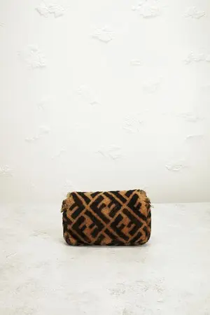 Fendi Shearling Vitello Dolce Macro Ff 1974 Mini Baguette Shoulder Bag