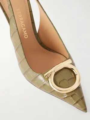 FERRAGAMO Sara 95 Croc-effect Leather Slingback Pumps