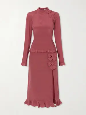 Alessandra Rich Bow-detailed Polka-dot Silk-crepe Midi Dress - Burgundy